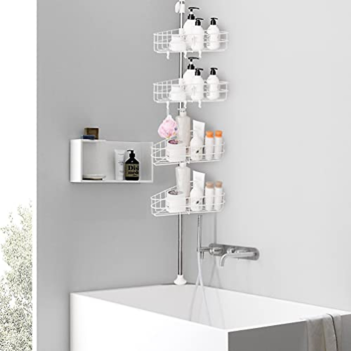 BAOYOUNI 4 Tier Shower Caddy Tension Pole Corner Bathroom Organizer Shelf Shampoo Holder Basket Bathtub Storage Rack Floor to Ceiling Adjustable Stand Space Saver - No Drilling - White