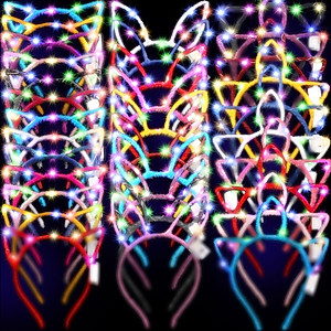 Janinka 30 Pcs LED Glow in the Dark Headband Set, 10 Cute Cat Ears Luminous Headband 10 Rabbit Bunny Ear Hairband 10 Unicorn style Light up Headband for Women Girls Birthday Party Supplies