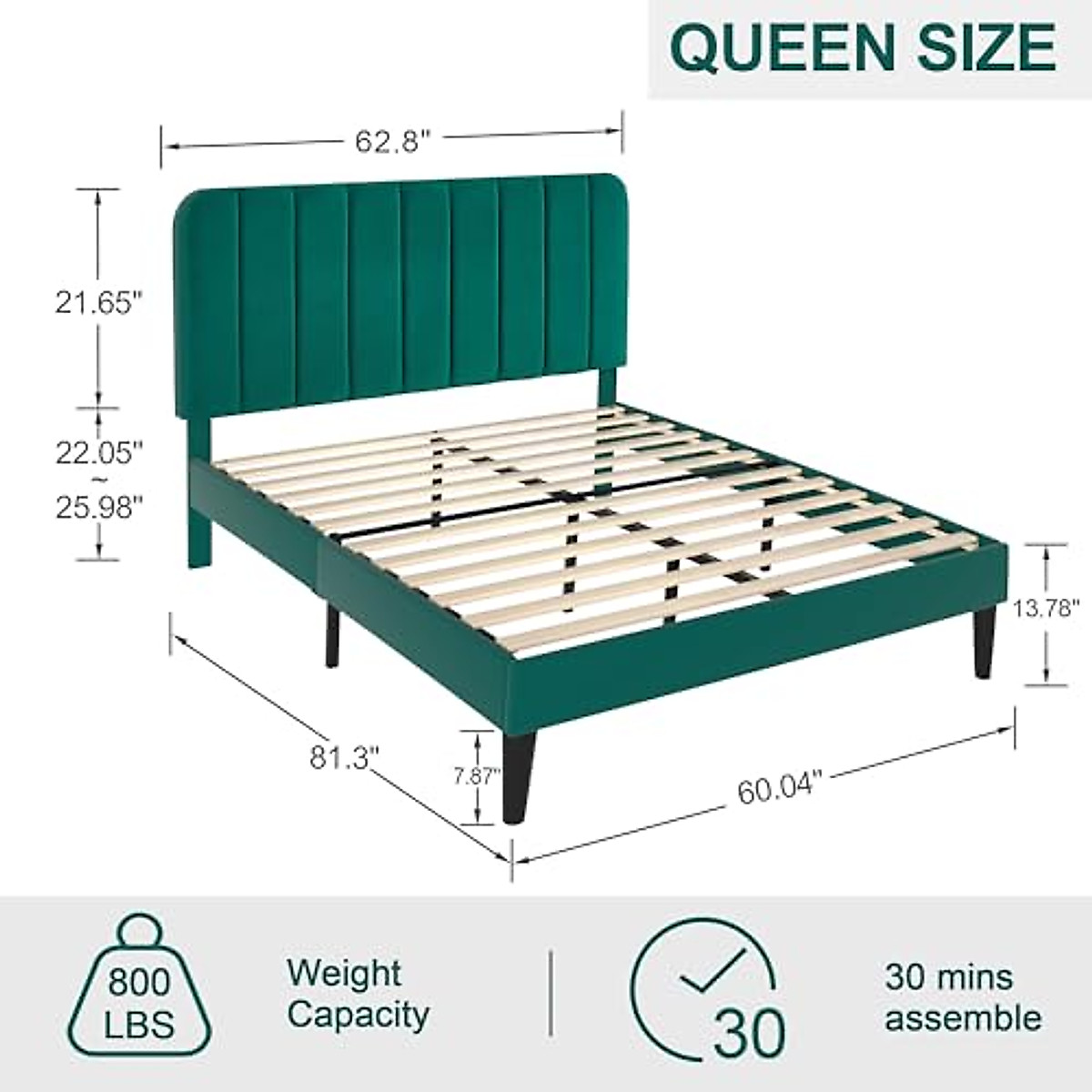 VECELO Queen Size Bed Frame with Adjustable Headboard, Velvet Heavy Duty Platform Beds with Strong Wood Slats Support, No Box Spring Needed, Green