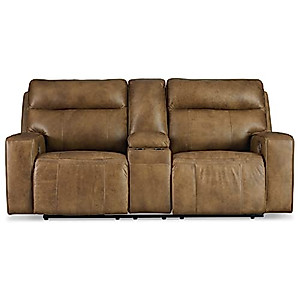 Signature Design by Ashley Game Plan Contemporary Tufted Leather Power Reclining Loveseat with Console and Adjustable Headrest, Light Brown
