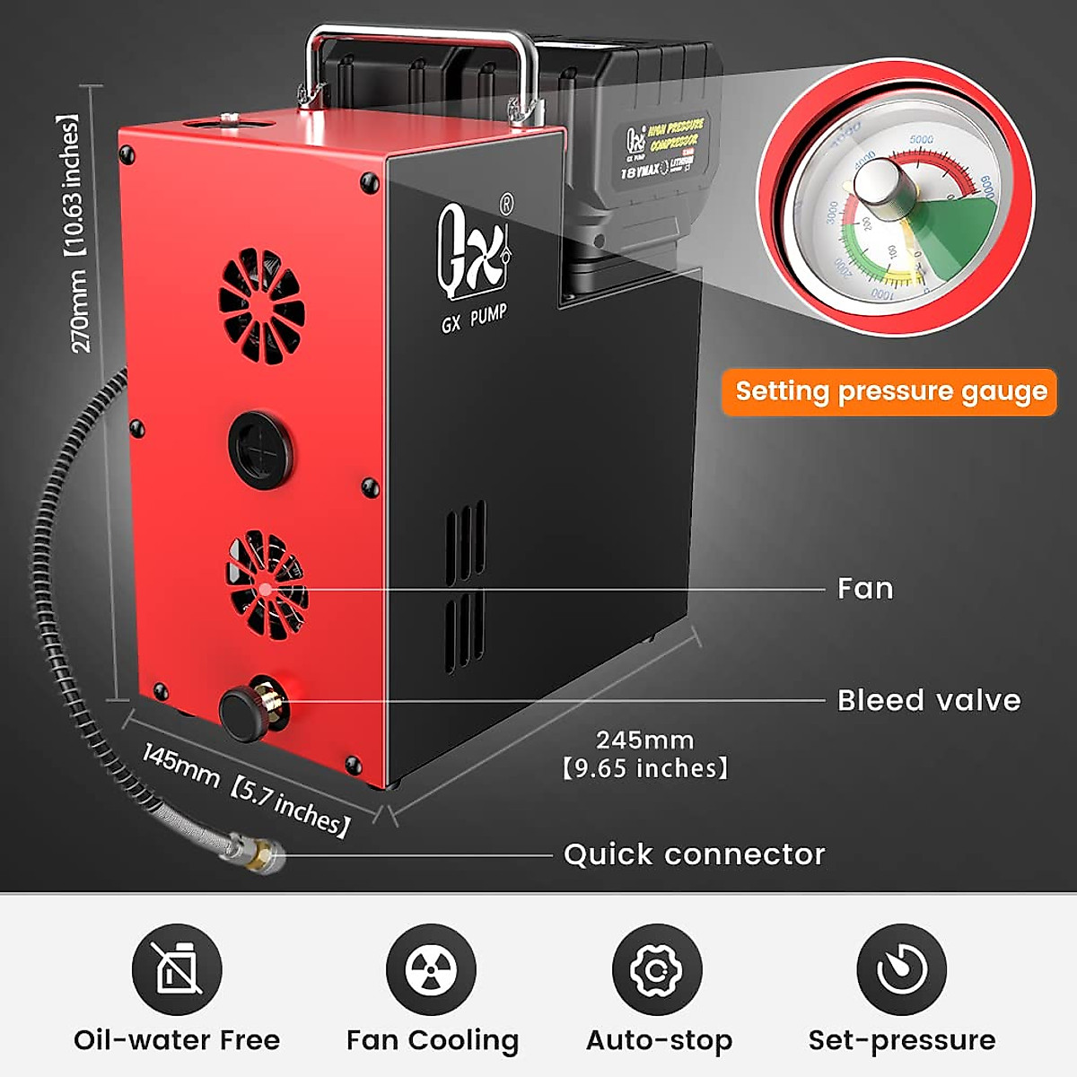 GX PUMP PCP Air Compressor L3 4500Psi/320Bar/32Mpa,PCP Compressor with Dual 18V Lithium Batteries,Set Pressure & Auto-Shutoff,Paintaball Air Compressor Built-in Oil-Water Separator&Cooling Fan