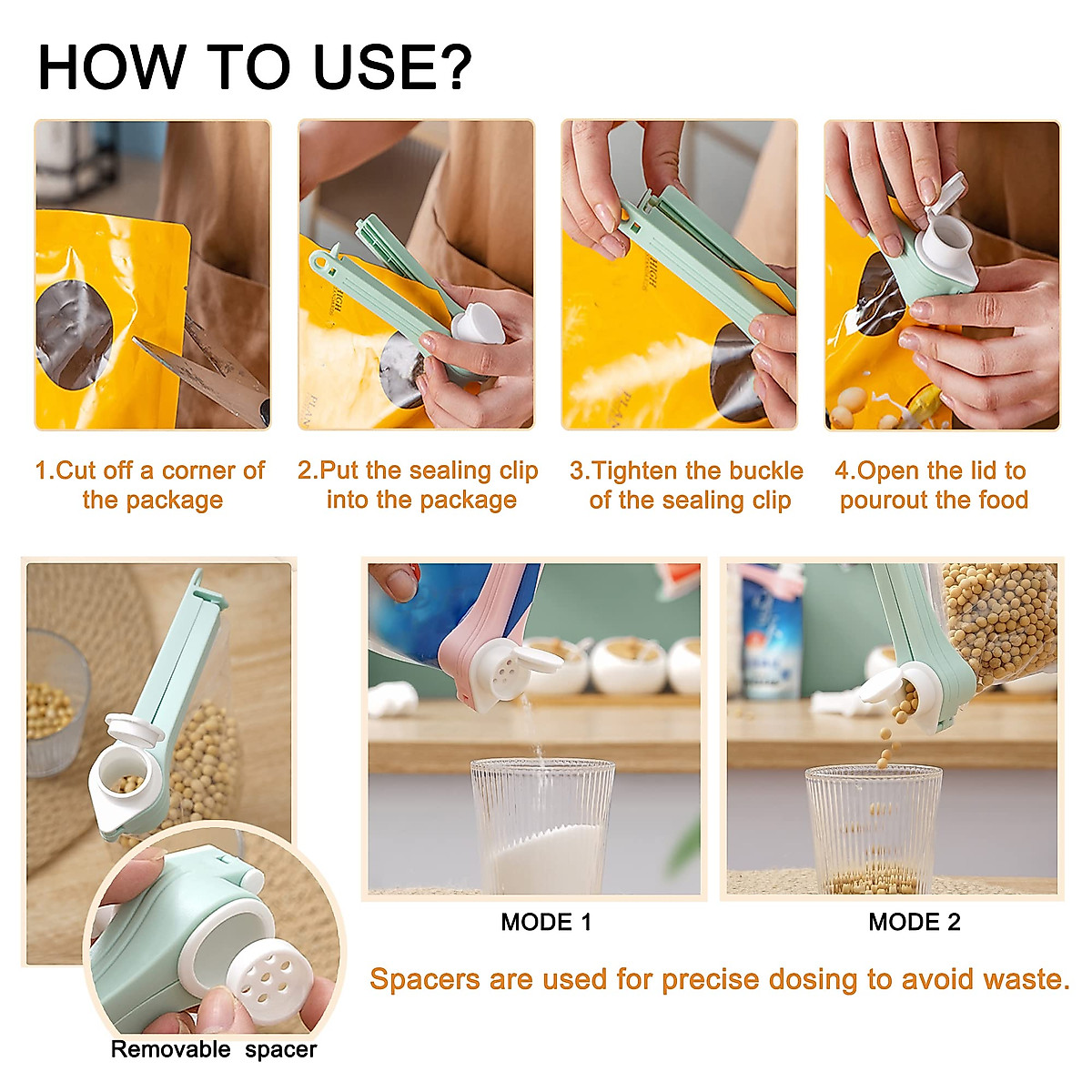 DEFORAGE 6 Pcs Bag Spout Clip,Bag Clips for Food,Snack Sealing Clips with Pour Spouts,Kitchen Chip with 4pcs Adhesive Hooks, for Cereal Kitchen Food Storage Organization(2L+4S)