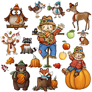 Quera 36Pcs Thanksgiving Bulletin Board Décor Cut-Outs Autumn Fall Classroom Decorations Scarecrow Forest Animals Bulletin Board Cutouts with Glue Point Dots Maple Leaves Crows Pumpkin Corns Acorns