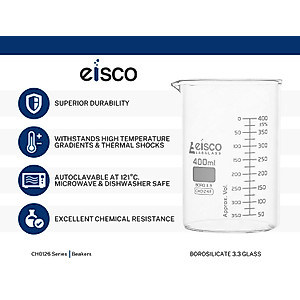 EISCO Beaker, 50ml - Tall Form with Spout - White, 5ml Graduations - Borosilicate 3.3 Glass