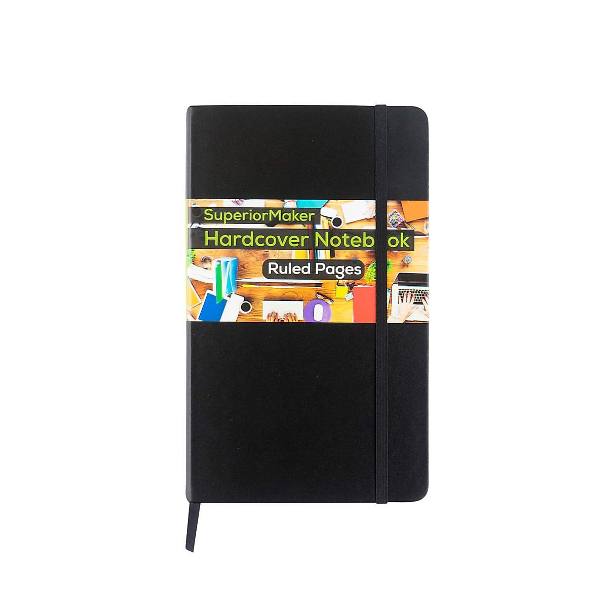 Ruled Notebook, Black Leather Bound Hardcover Journal with Lined Paper, Business Premium Label Stickers, and Elastic Closure, 5 x 8.25 inches - SuperiorMaker