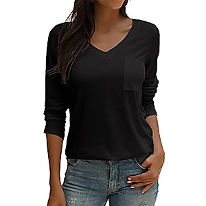 Tobrief Womens Loose Casual Long Sleeve V-neck T Shirt Tunic Tops for Leggings (S, Black-1)