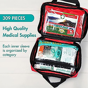 General Medi First Aid Kit -309 Pieces- Reflective Bag Design - Including Bandages, Moleskin Pad and Emergency Blanket for Travel, Home, Office, Car, Camping, Workplace