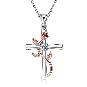 BlingGem Cross Necklace for Women Rose Cross Pendant 925 Sterling Silver Rose Gold-Plated Flower Dainty Religious Cross Necklace Birthday Jewelry Gifts for Women Wife Mom