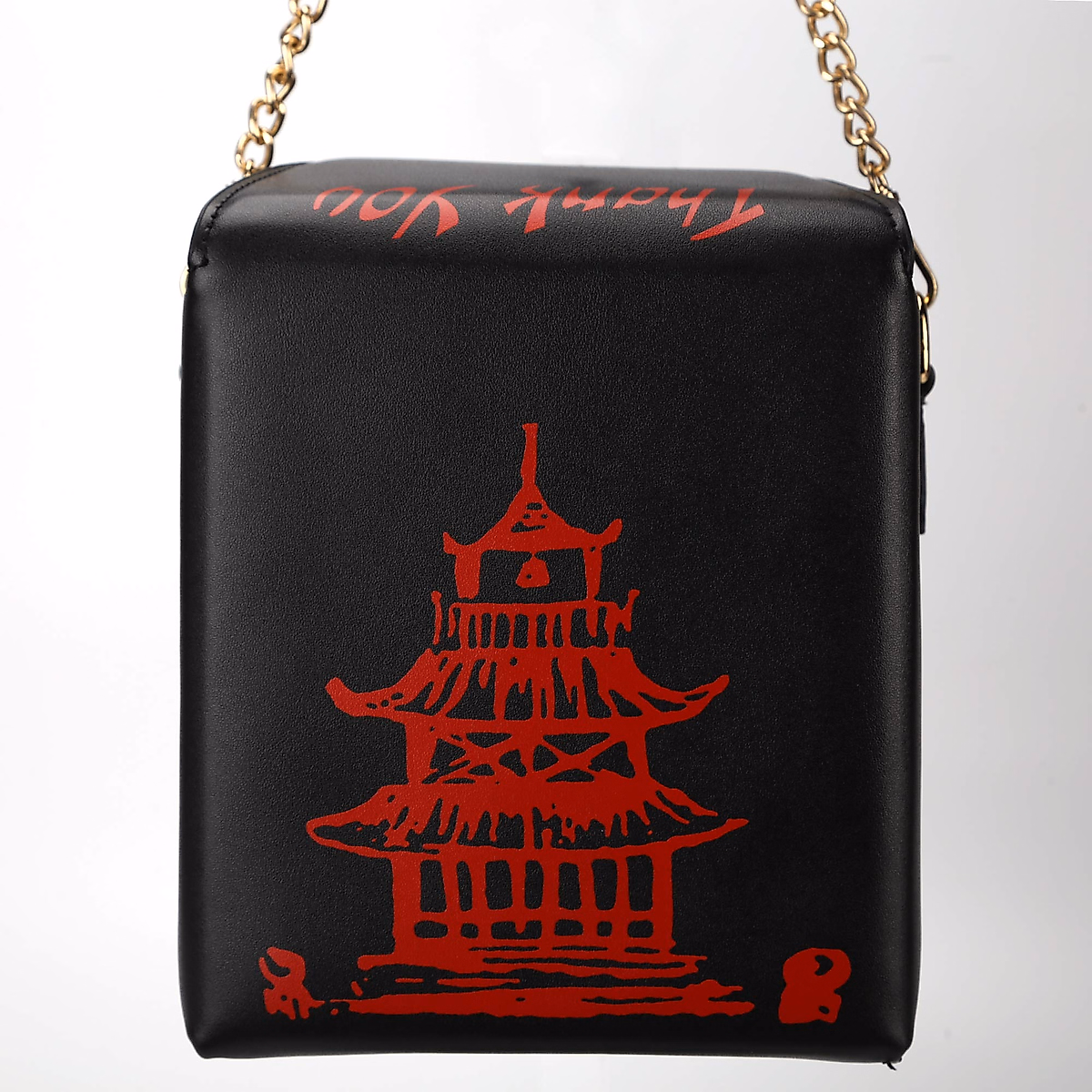 Ondeam Tower Print Crossbody Shoulder Bag,Pu Chinese Takeout Box Totes Purse for Women(Black)