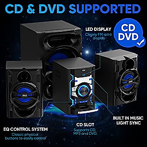 3-Piece Wireless Bluetooth Stereo System - 1000 Watt DVD Shelf System for Home with DVD Player, MP3, USB, FM Radio, Bass Reflex Speaker, and Remote Control, Compact & Portable - PHSKR14