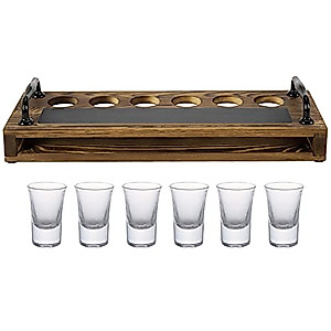 MyGift Tequila Shot Glasses Liquor Flight Tasting Set Includes Burnt Wood Serving Tray with Chalkboard Panel and Metal Handles and 6 Clear Shot Glasses