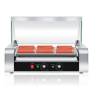 SYBO Hot Dog Roller, 18 Hot Dog 7 Roller Grill Cooker Machine with Removable Stainless Steel Drip Tray and Glass Hood Cover, 1000-Watts, OT-R3-8