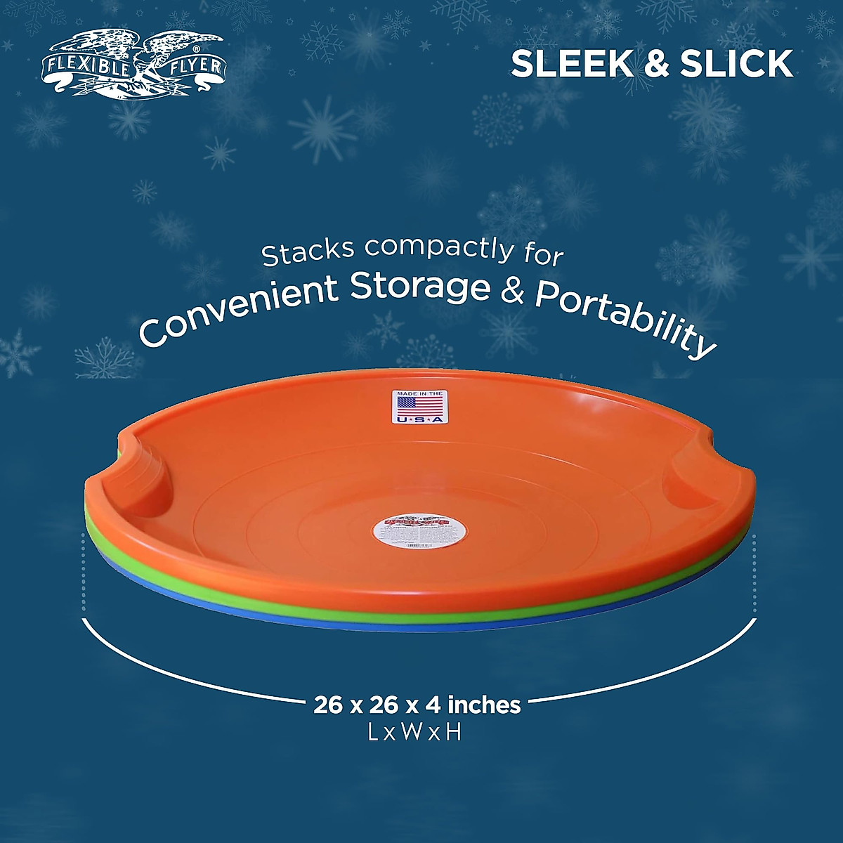 Flexible Flyer Flying Saucer 26 Inch Round Plastic Sled Snow Toy, 1 Person Winter Sled w/Hand Grips for Kids and Adults, Ages 4 Years and Up, Orange