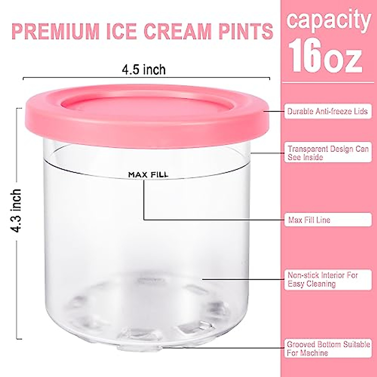 Replacement Pints Container with Silicone Lid for Ninja Pints and Lids, Compatible with NC299AMZ & NC300s Series Ice Cream Makers, 4 Pack 16oz Pint Containers Replacement with Leak Proof Lids, Bpa Free (4PCS)