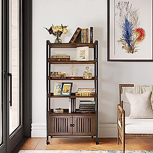 AMOWARE Bookshelf, 5 Shelf Bookcase, 2 Louvered Doors Storage and Metal Frame Wooden Industrial Bookshelf for Bedroom, Living Room, Office, Bathroom Tall Standing Rustic Bookshelf, Brown