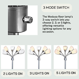 LIGHTACCENTS Modern Multi Head Floor Lamp - Medusa 5 Light Standing Lamp Tall Bedroom Lamp with 5 Positionable Bright Acrylic White Shades with 3-Light Mode Switch(Silver)