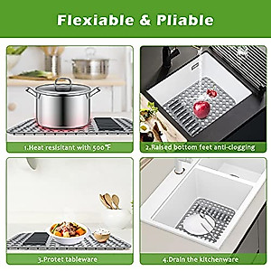 Silicone Sink Mat, DIY Kitchen Sink Protectors for Kitchen Sink Mats Grid Accessory, 15.7”x11.4” Non-slip Folding Sink Grates for Bottom of Farmhouse Stainless Steel Porcelain Sink, Grey 1 PCS