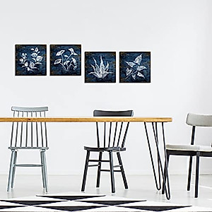 KLVOS Leaf Picture Wall Art Prints Navy Blue Tropical Plant Green Leaf Inspirational Canvas Prints Artwork Rustic Natural Leaves Framed Wall Decor for Bathroom Bedroom Living Room