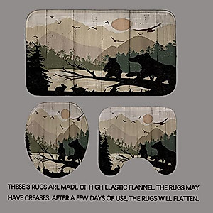 Dia Magico 4PCS Black Bear Shower Curtain Set, Rabbit Bird Deer Elk Moose Wildlife Animal Hunting Nature Pine Tree Woodland Country Rustic Farmhouse Bathroom Decor, Non-Slip Bath Mat, Sun & Mountain