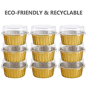 DEAYOU 100-Pack Aluminum Foil Baking Cups with Lids, 5oz Disposable Muffin Cupcake Ramekins, 3" Recyclable Cupcake Foil Liners Mini Tart Pie Tin Pan Holder for Souffle, Pudding, Party, Wedding, Gold