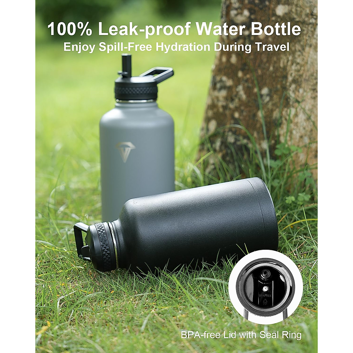 Topre 64 oz Insulated Water Bottle, Half Gallon Vacuum Stainless Steel Sports Water Jug with 3 Lids & Brush, BPA-free Reusable Double Walled Thermos Mug Gym Keg for Sports Outdoor Camping, Black