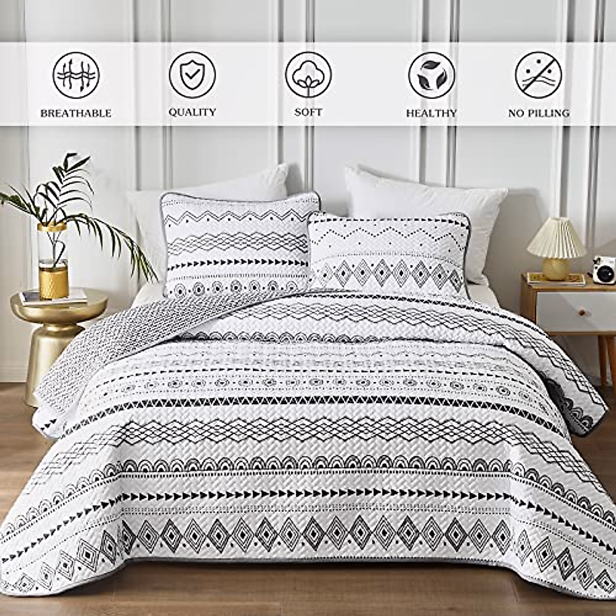 Flysheep 3-Piece Bohemian Geometric King Quilt Set, Aztec White n Black Boho Striped Summer Lightweight Bedspread/Coverlet Set, Brushed Microfiber for All Season - 104" x 90"