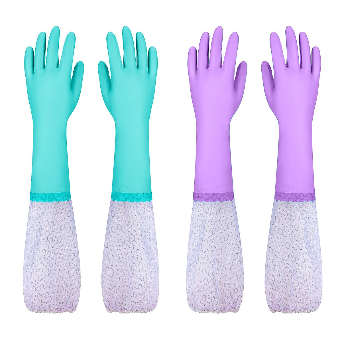 Elgood Reusable Long Sleeve Dishwashing Cleaning Gloves with Latex Free,Cotton Lining,Kitchen Gloves 2 Pairs,Purple+Blue L