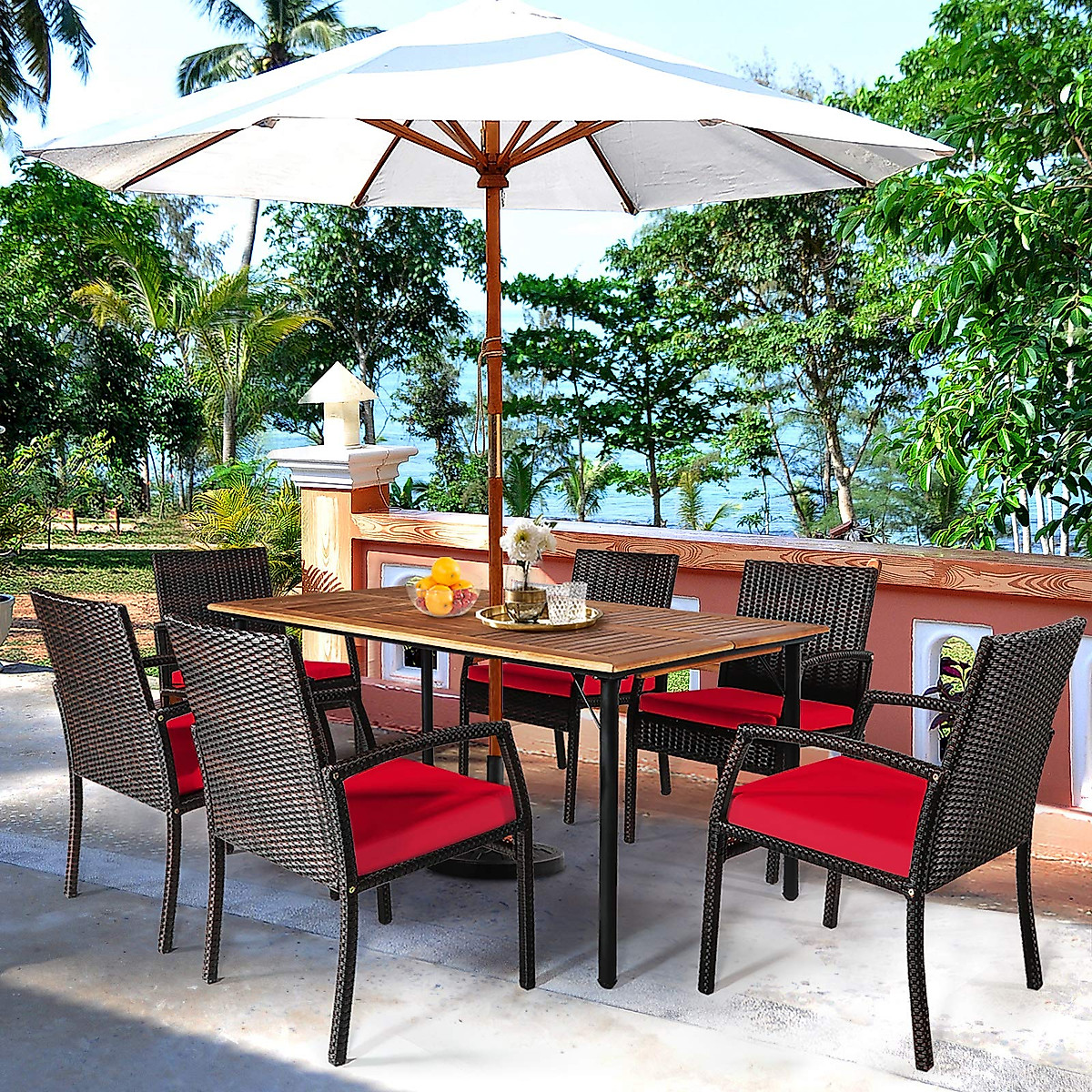 HAPPYGRILL 7 Pieces Patio Dining Set Outdoor Furniture Rattan Wicker Dining Set with Umbrella Hole, Powder Coated Steel Frame, Acacia Wood Dining Table and Armchairs with Removable Cushions