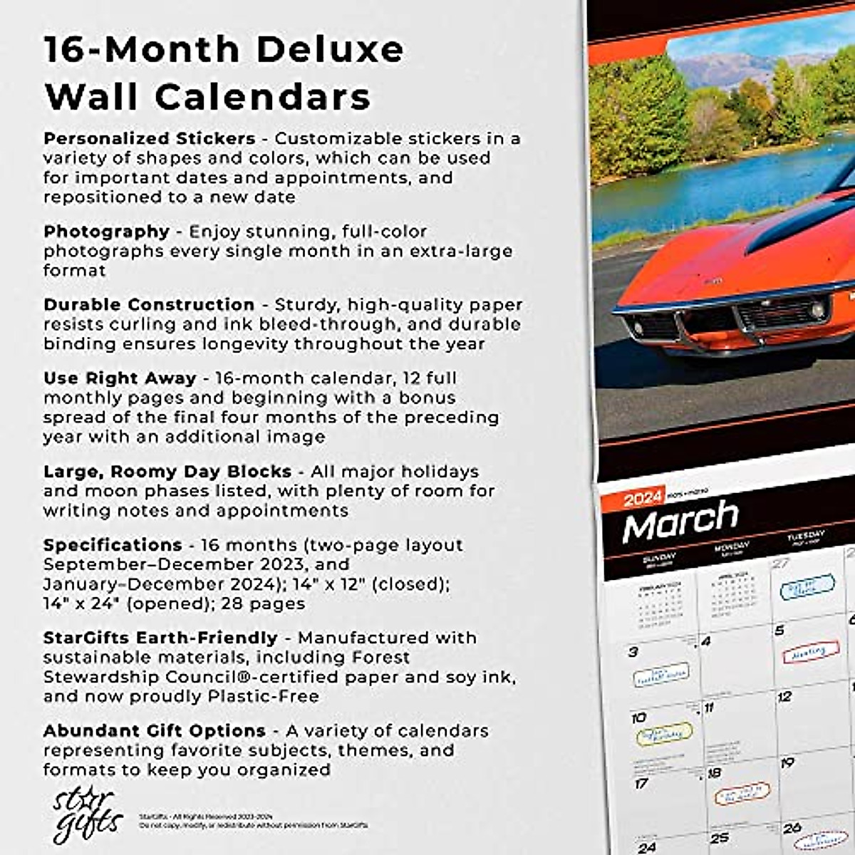 Corvette OFFICIAL | 2024 14 x 24 Inch Monthly Deluxe Wall Calendar | Sticker Sheet | StarGifts | Chevrolet Motor Muscle Car