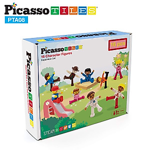 PicassoTiles 16 Piece Character Action Figures Toddler Toy Set Expansion Pack Magnetic Construction Blocks STEM Pretend Play Toys Building Tiles PTA08