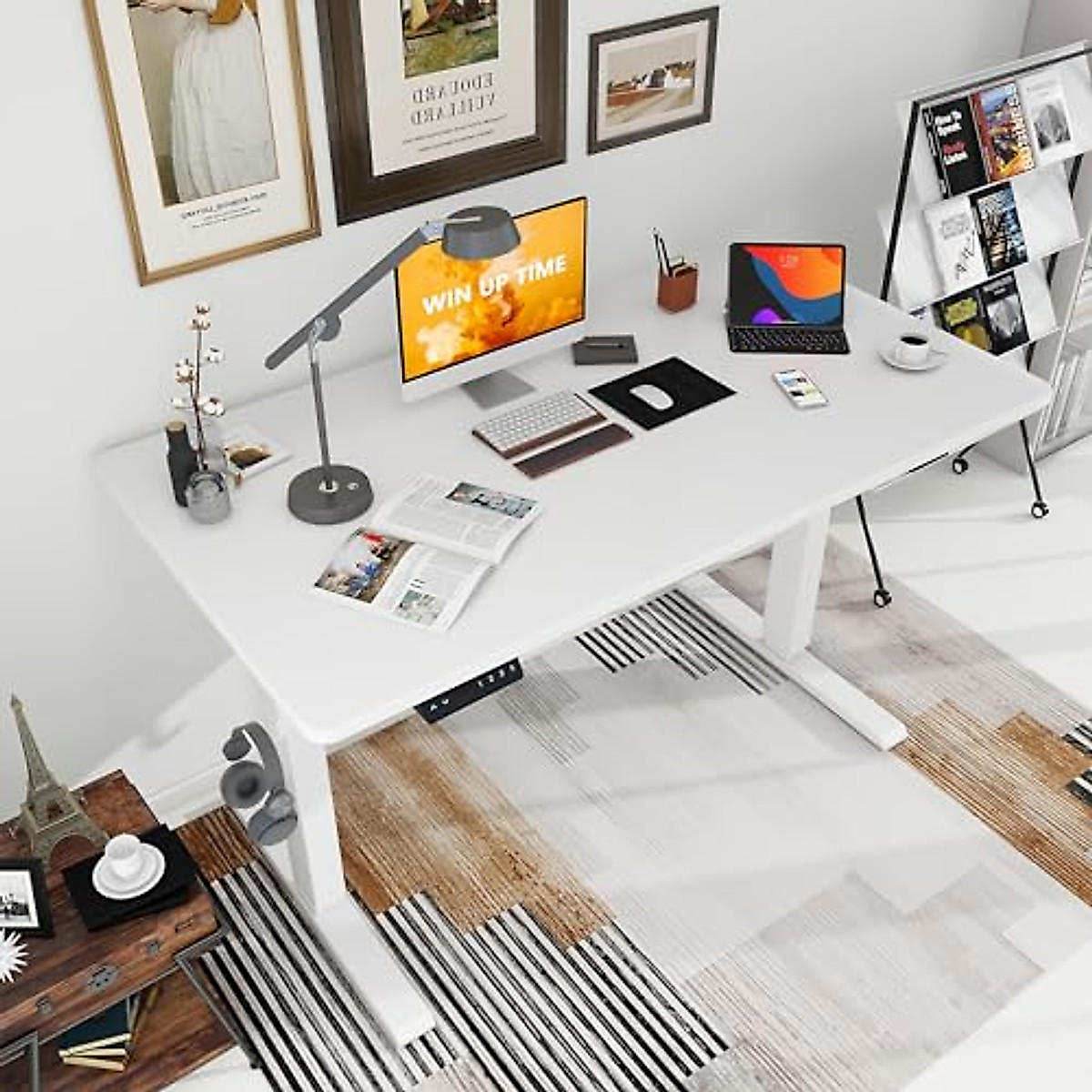 Win Up Time Standing Desk Adjustable Height Desk- Whole Piece Desktop Electric Adjustable Standing Desk, Height Adjustable Desk Stand Up Desk for Home Office Computer Desk,White 55x24Inch