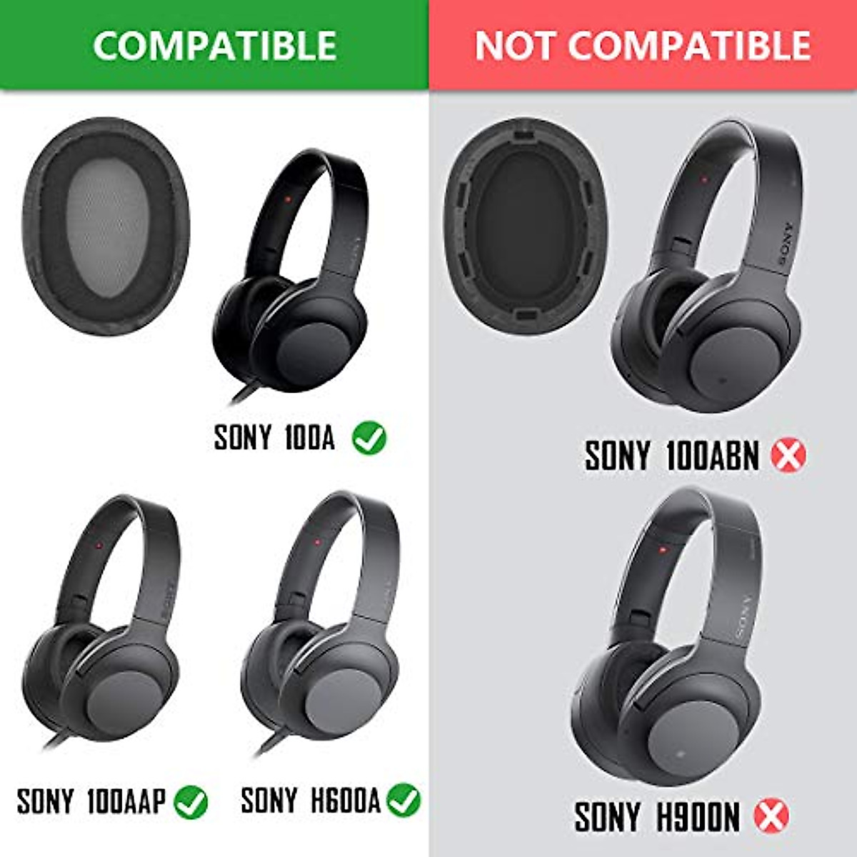 Geekria QuickFit Protein Leather Ear Pads Replacement for Sony MDR-100A MDR-100AAP MDR-H600A Headphones Earpads, Headset Ear Cushion Repair Parts (Grayish Green)