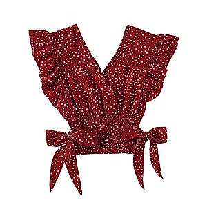 LYANER Women's V Neck Polka Dots Ruffle Cap Sleeve Shirred Hem Blouse Crop Tank Top Red Small