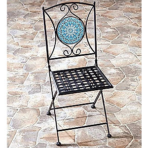 The Lakeside Collection Metal Folding Patio Chair with Decorative Tile Mosaic - Black
