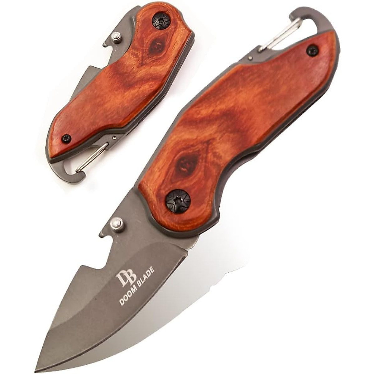 DOOM BLADE Folding Pocket Knife with Wood Handle,7Cr13Mov Hard Steel Blade,Hunting EDC Knife Multi-tool Survival Knife with Keychain and Bottle Opener,Lightweigt,for Outdoor Camping