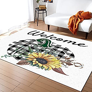Indoor Area Rugs Thanksgiving Sunflower Pumpkin Non-Slip Floor Mats Black White Plaid Rectangular Carpet Soft Washable Rugs for Living Room/Bedroom/Hallway Home Decor - 4x6 Feet