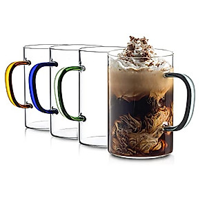 Clear Glass Coffee Mugs Set of 4 – 17 Oz Large Coffee Mugs Ideal for Latte, Cappuccino, Tea – Premium Glass Mugs for Hot Beverages with Colored Handles – Dishwasher and Microwave Safe Latte Mugs