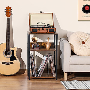 LELELINKY 3 Tier End Table,Record Player Stand with Storage Up to 100 Albums,Turntable Stand for Vinyl,Brown Records Shelf for Living Room Bedroom