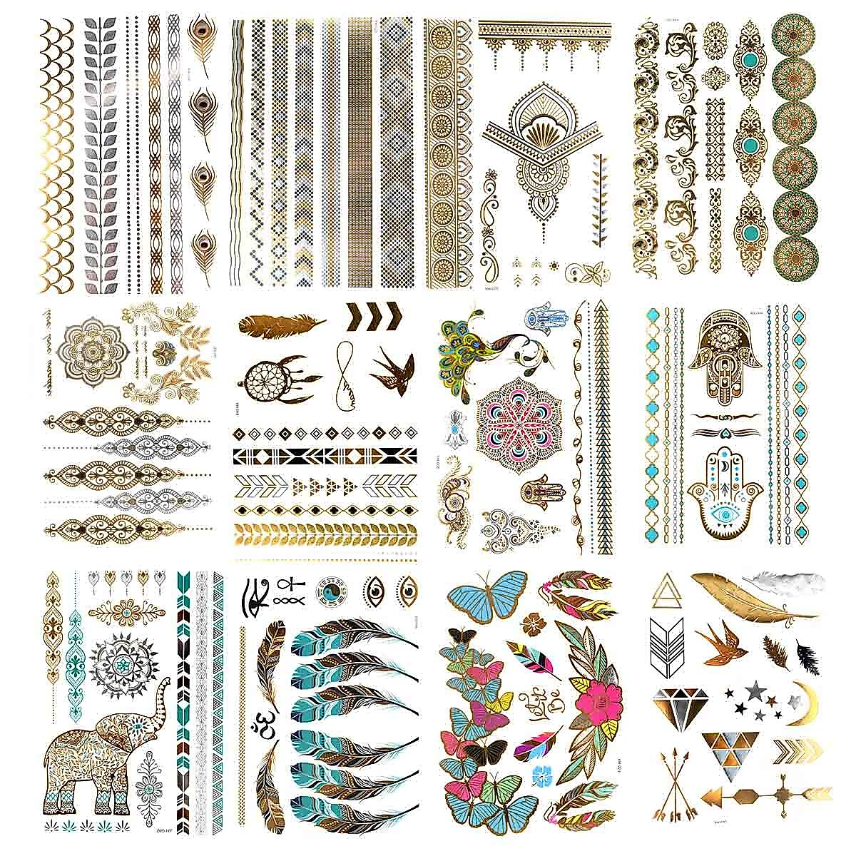 12 Sheets Flash Gold Metallic Temporary Tattoos for Women Girls Waterproof Gold Silver Tattoo Stickers for Beach Festivals Parties Long Lasting Nontoxic Glitter Fake Tattoos Exquisite Designs