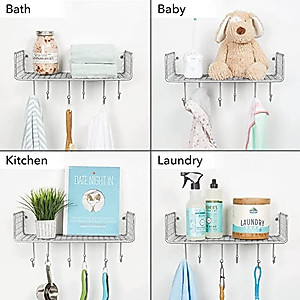 mDesign Metal Wire Farmhouse Wall Decor Storage Organizer Shelf with 6 Hooks for Entryway, Hallway, Mudroom, Bedroom, Bathroom, Laundry Room - Wall Mount - Chrome