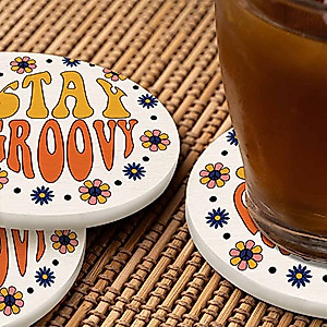 Pznen Stay Groovy Coasters for Drinks Office Coffee Table Seventies Retro Hippie Flowers Wreath in Circle Daisies Floral Living Room Decor Set of 2 for Cold Drinks Wine Mugs and Cups 4 Inch