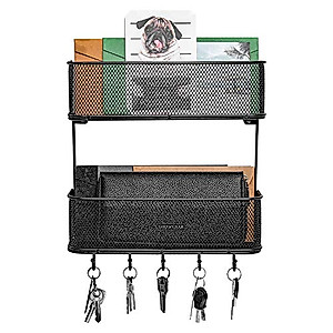 PAG Wall Mount Mail Organizer Double Basket Hanging Letter Sorter with 5 Key Hooks for Entryway/Kitchen/Mudroom/Home/Office, Black