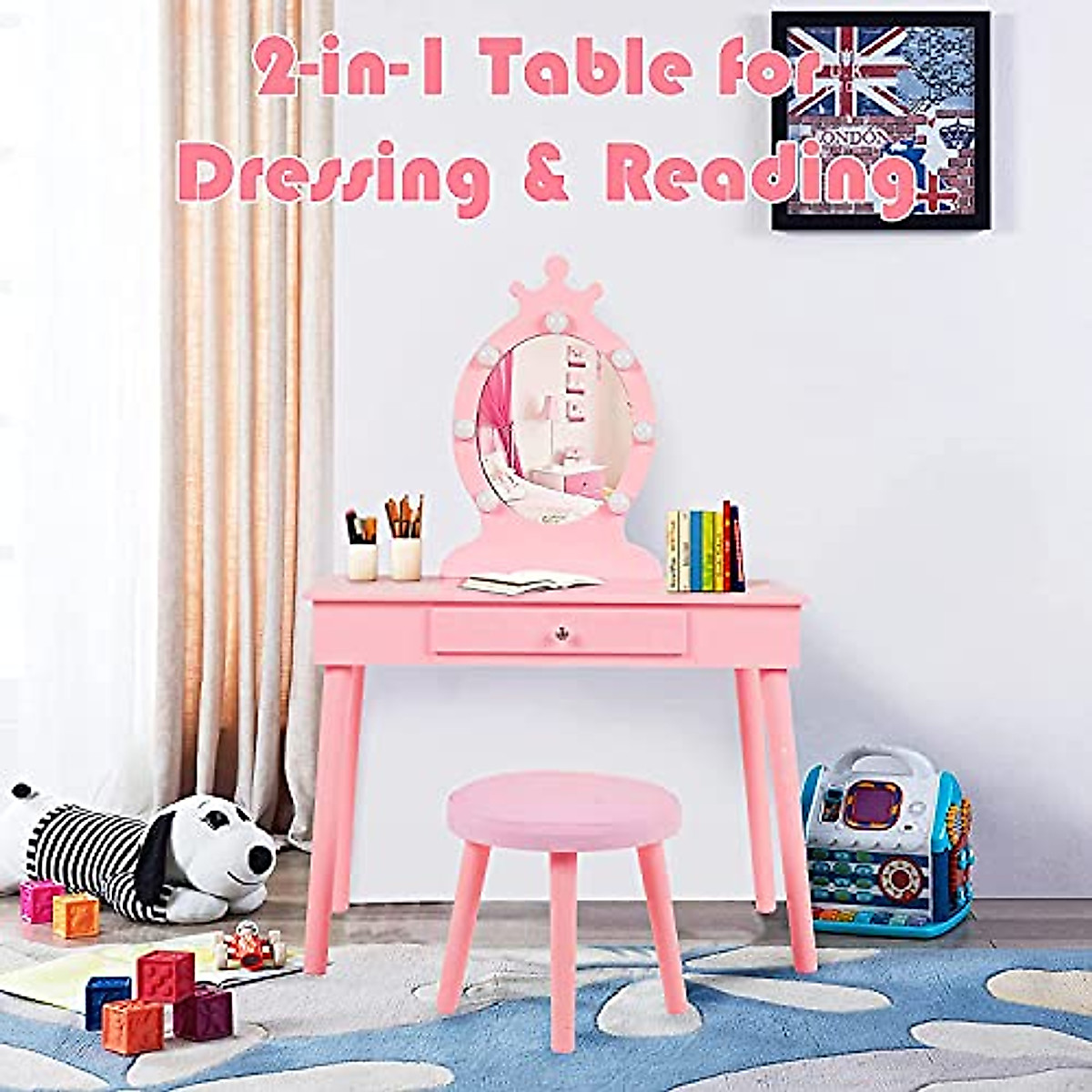 Vabches Kids Vanity Set with Mirror and Stool, Children Makeup Dressing Table with Lights, Princess Vanity Table for Toddlers, Pink