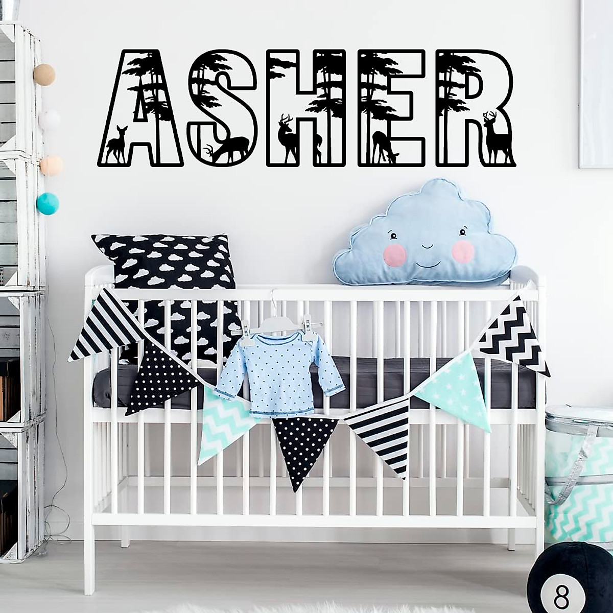 Forest Deer Custom Name Vinyl Wall Decal Sticker Art for Boys and Girls, Doe and Buck in The Mountain Trees, Woodland Theme Bedroom and Nursery Room Decor