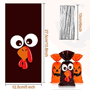 100 Pcs Thanksgiving Treat Bags 10.8'' x 5'' Pumpkin Turkey Candy Bags Fall Funny Face Cellophane Goodies Bags with 100 Twist Ties for Halloween Trick or Treat Fall Thanksgiving Party Supplies