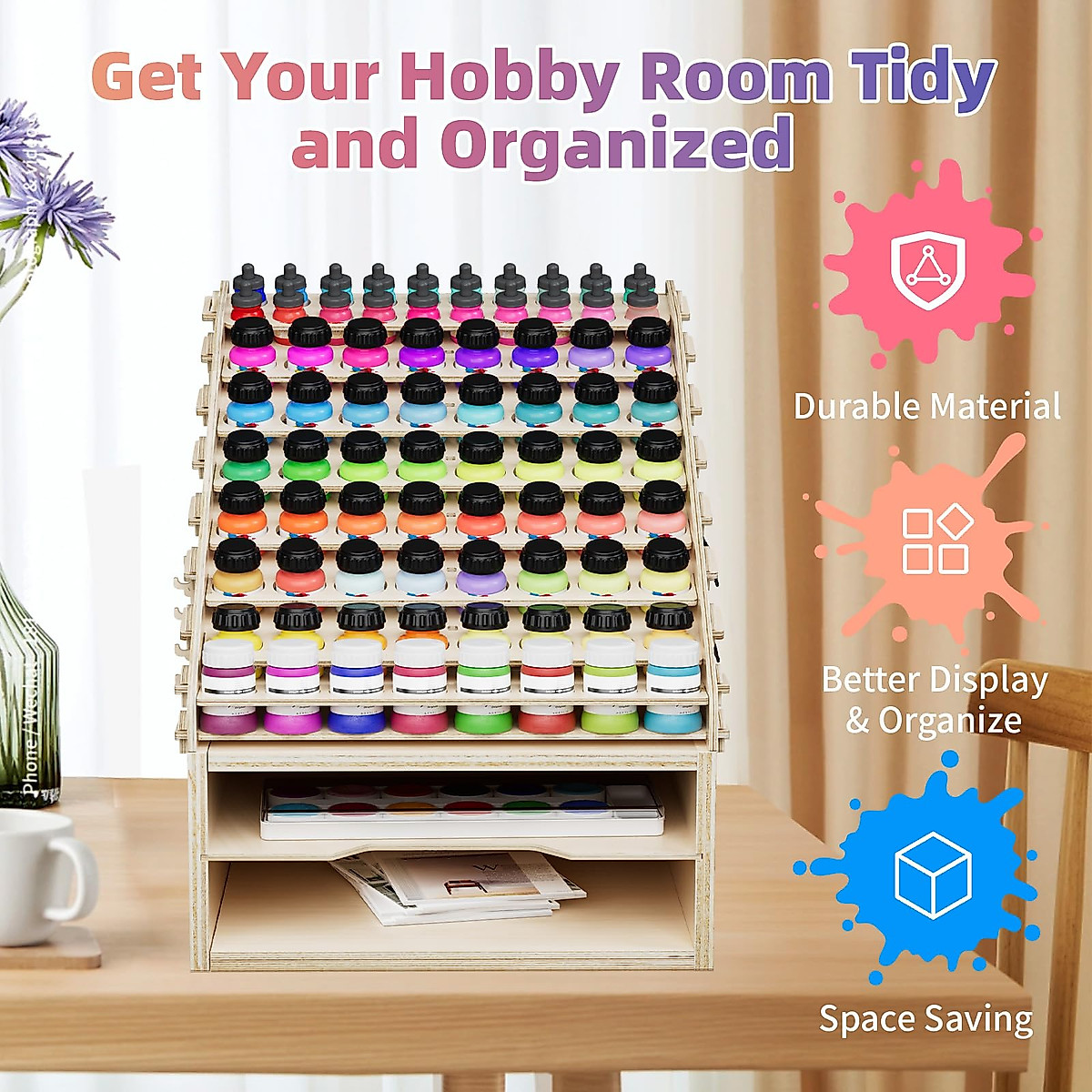 YAGEANNL Wooden Paint Organizer, Paint Rack Organizer with 76 Holes of 2 Sizes and 16 Brush Holders, 2 Cabinets Suitable for Citadel Paints, Craft Paint Storage Organizer for Miniature Paint Set