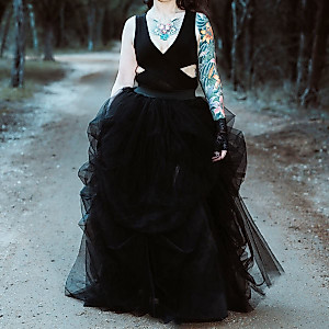 WDPL Women's Black Long Split Ruffles Tulle Special Occasion Skirt (XXXX-Large, Black3)