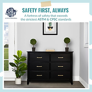 Dream On Me Universal Double Dresser in Black W Gold, Kids Bedroom Dresser, Six Drawers, Mid-Century Modern, Made of Solid Pinewood, Easy Assembly