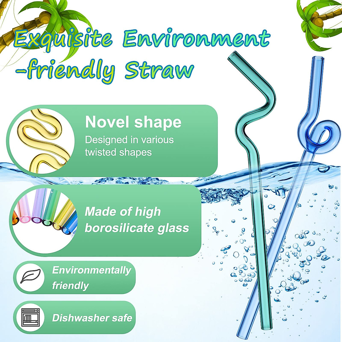 Yinkin 12 Pcs Wavy Glass Straw Curved Reusable Glass Straws Multicolor Clear Silly Straws Tea with 2 Cleaning Brushes for Kids, Drinking, Beverages, Coffee, Smoothies, Juice, Water