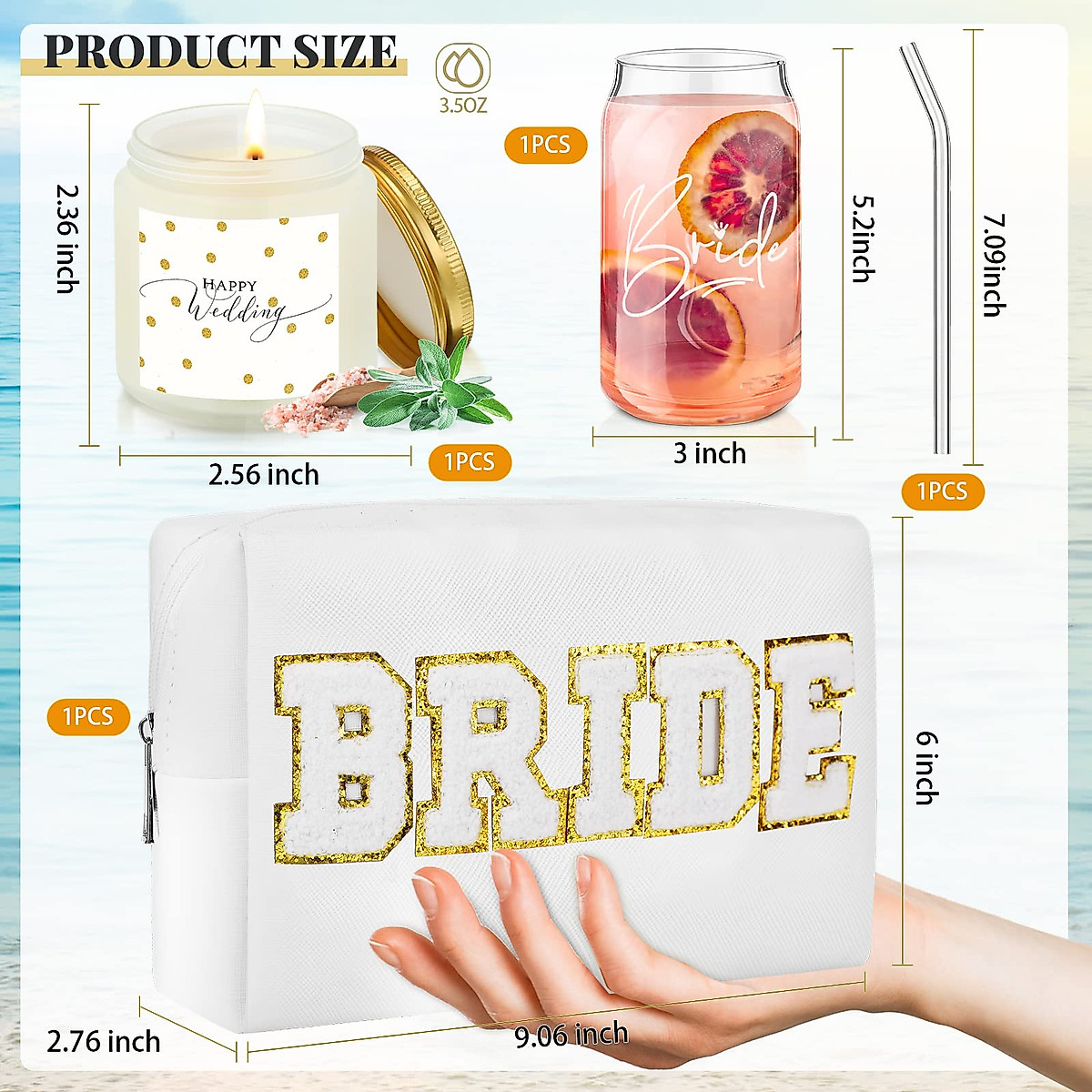 3 Pcs Bride To Be Gifts Box, Bridal Shower Bachelorette Gifts for Bride, Bride Cup Glass 16.9 oz Happy Wedding Scented Bride Candle White Bride Makeup Bag Wedding Gift Engagement Gifts for Women Her